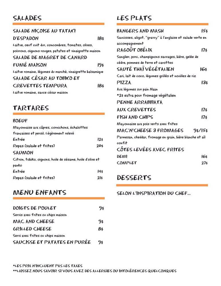 Menu au Broue Shop pub et bar, Sainte-Julie