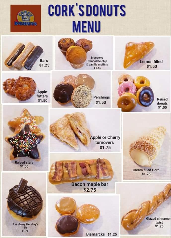 Menu at Cork's Old Fashioned Donuts, Albany
