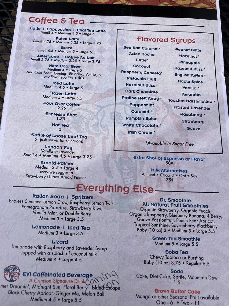 Menu at The Crimson Cafe, Rhinelander