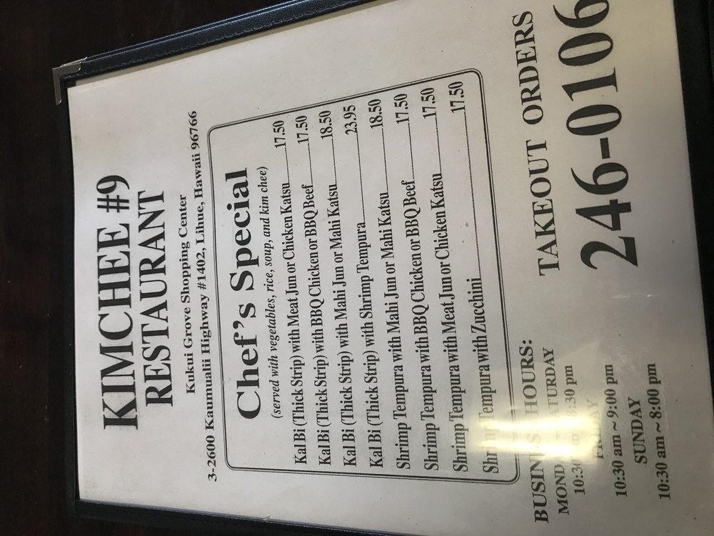 Menu at Kim Chee #9 restaurant, Lihue