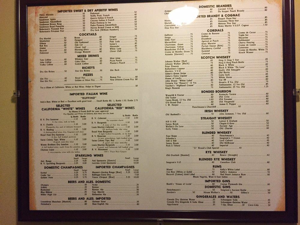 Menu at Musso & Frank Grill pub & bar, Los Angeles