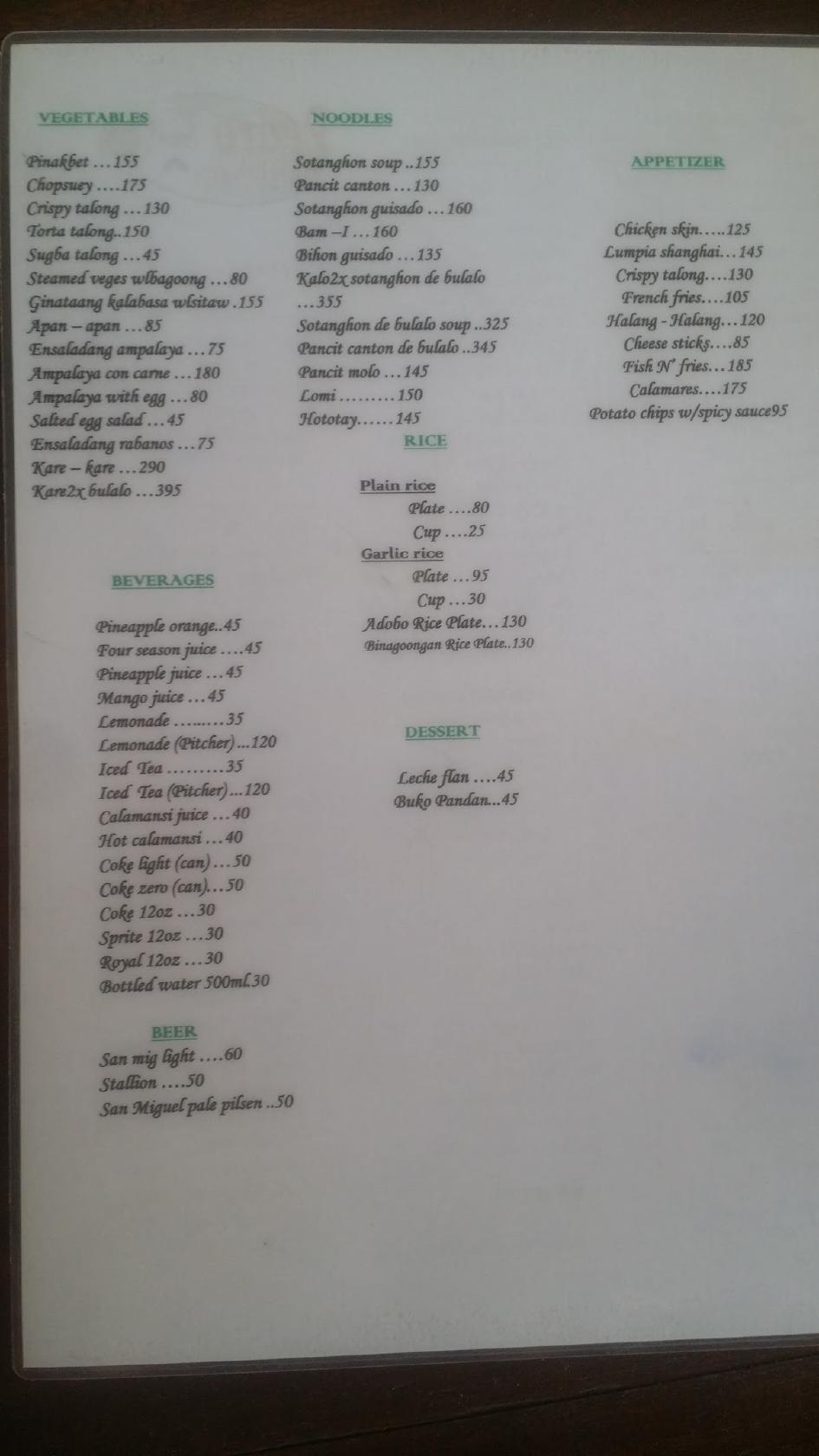 Menu at Pedro Bulalohan restaurant, Iloilo City, Donato M. Pison Ave