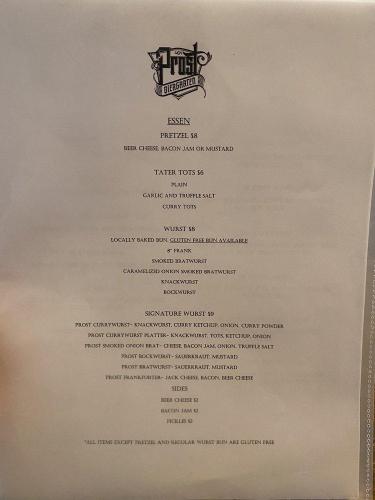 Menu at Prost Biergarten restaurant, Reno