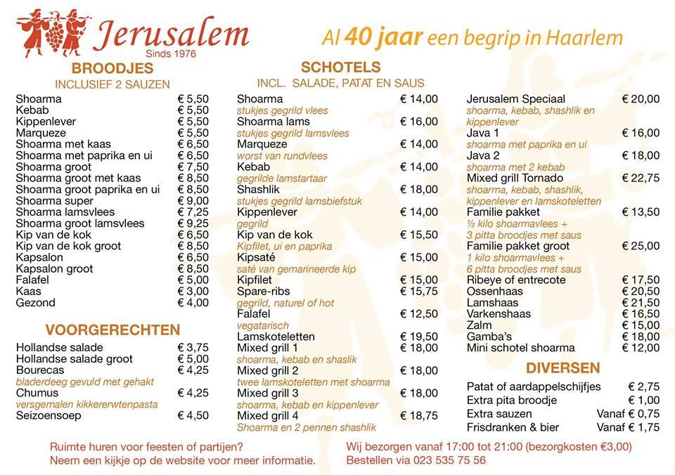 Menu at Restaurant Jerusalem, Haarlem