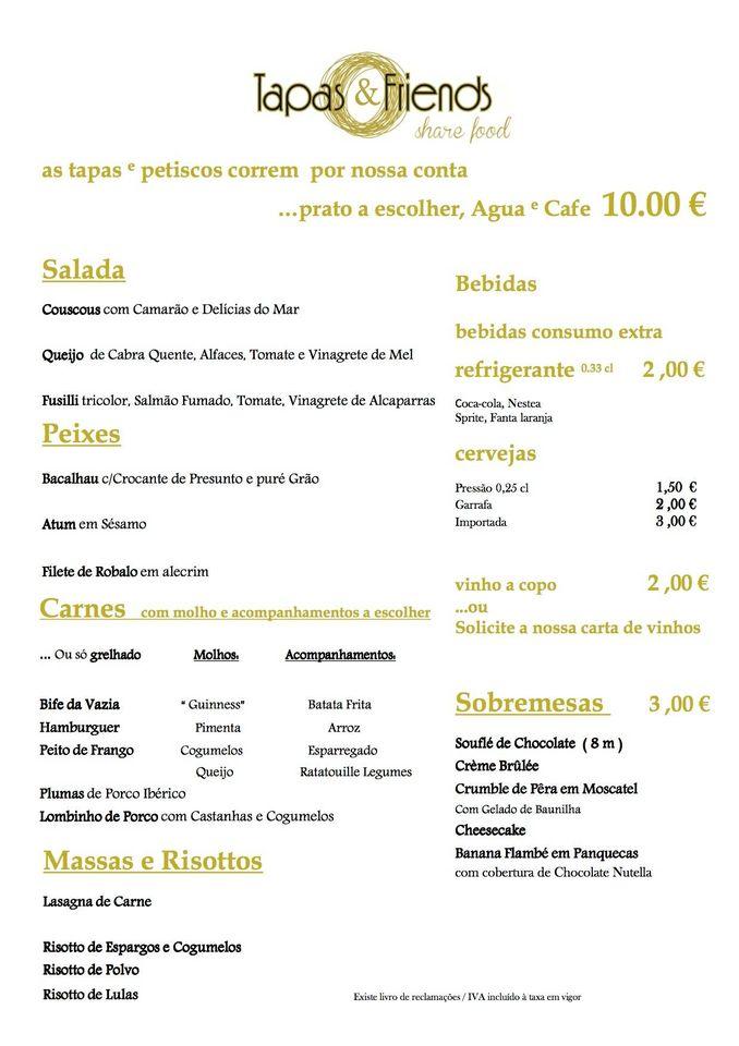 Menu at Tapas n´Friends Chiado pub & bar, Lisbon