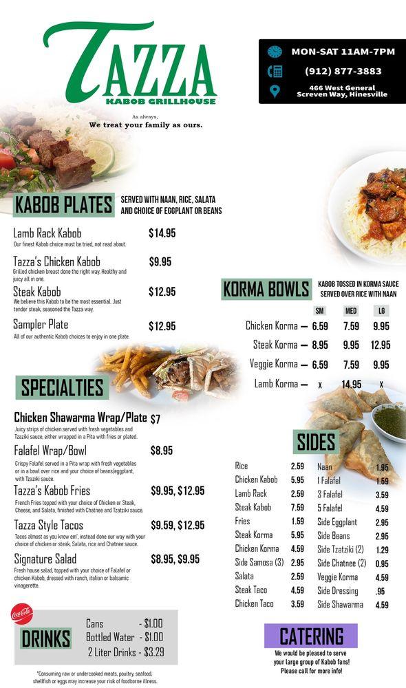 Menu at Tazza Kabob Grillhouse restaurant, Hinesville
