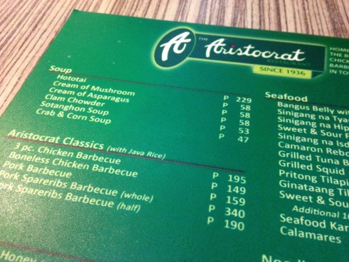 Menu at The Aristocrat Restaurant - SM Manila, Manila, Concepcion cor ...