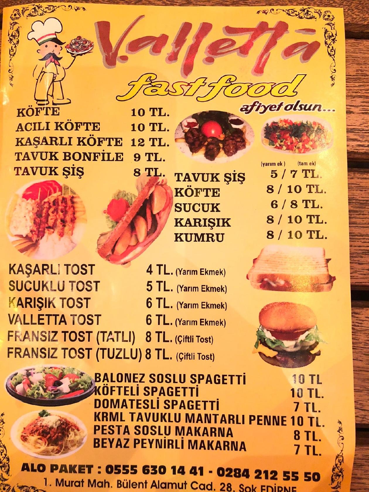 Menu at Valletta, Edirne