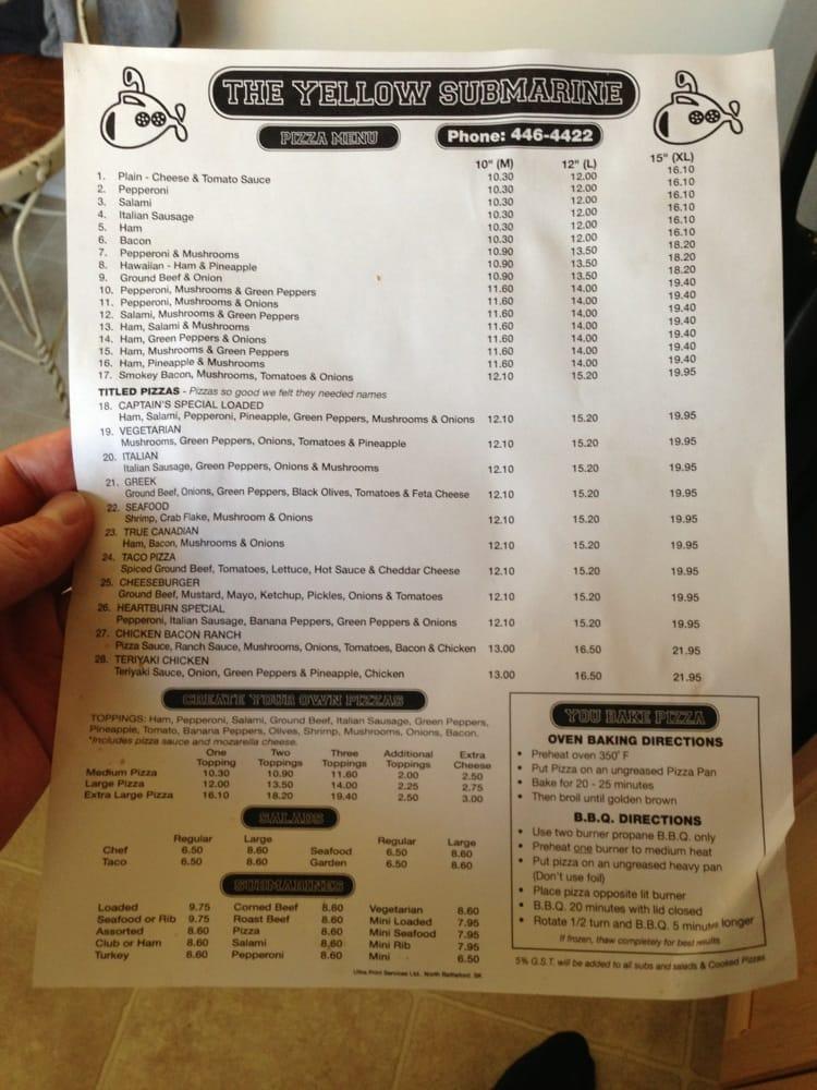 Menu at The Yellow Submarine North Battleford pizzeria, North Battleford