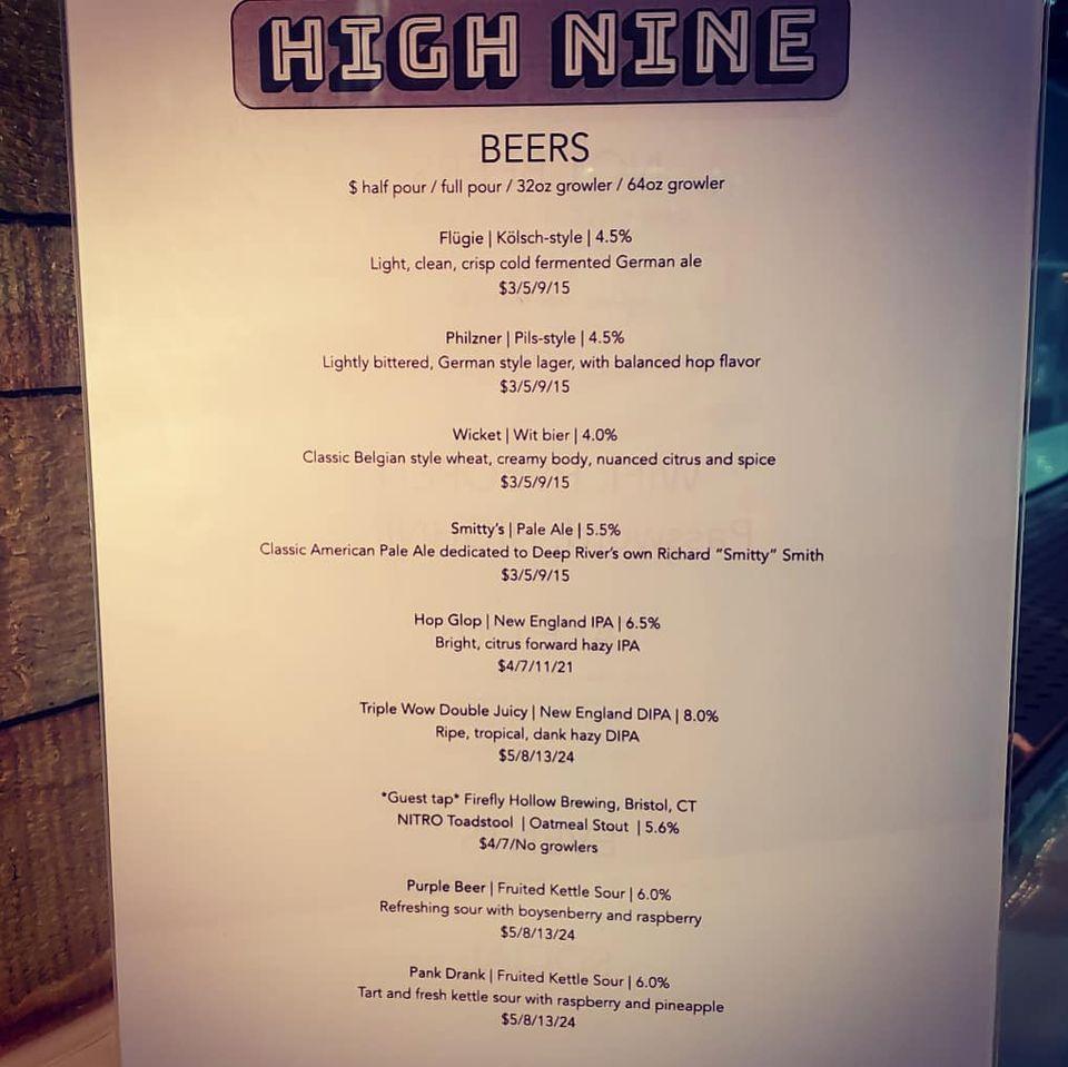 Menu at High Nine Brewing, Deep River