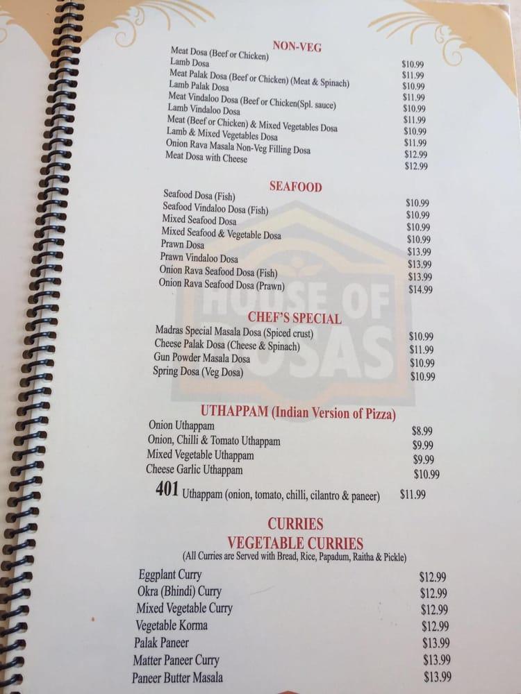 Menu at House Of Dosas restaurant, Vancouver