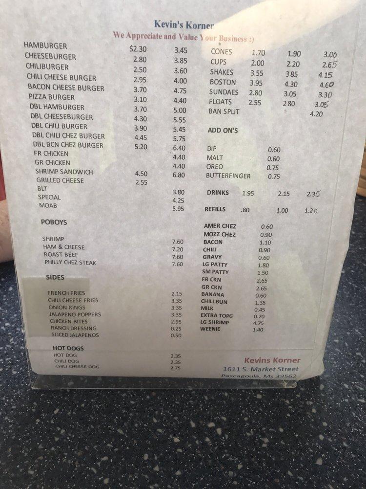 Menu at Kevin's Korner restaurant, Pascagoula