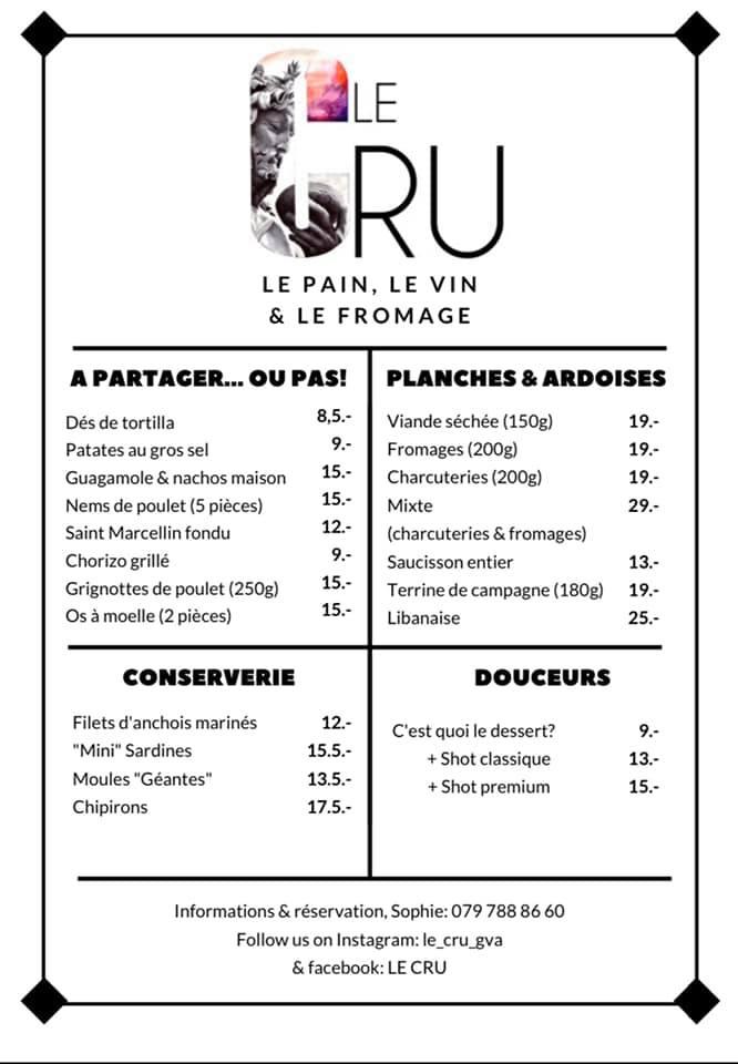 Menu at LE CRU, Geneva