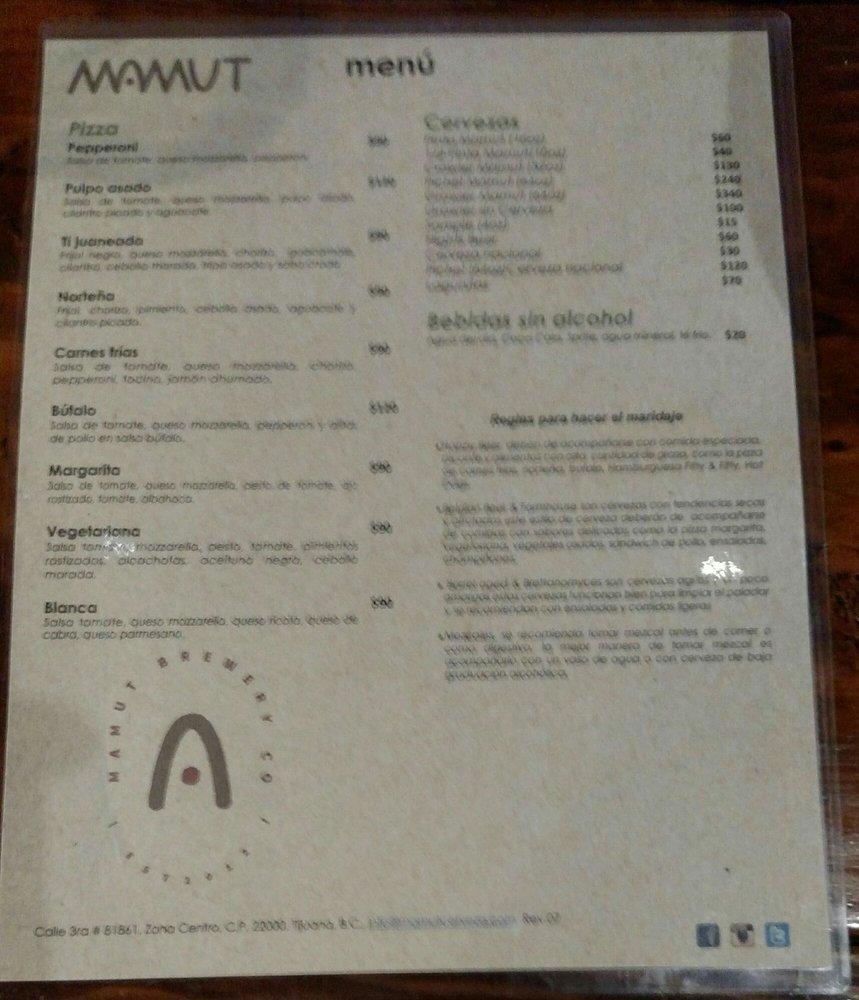 Carta del pub y bar Mamut Cervecería, Tijuana