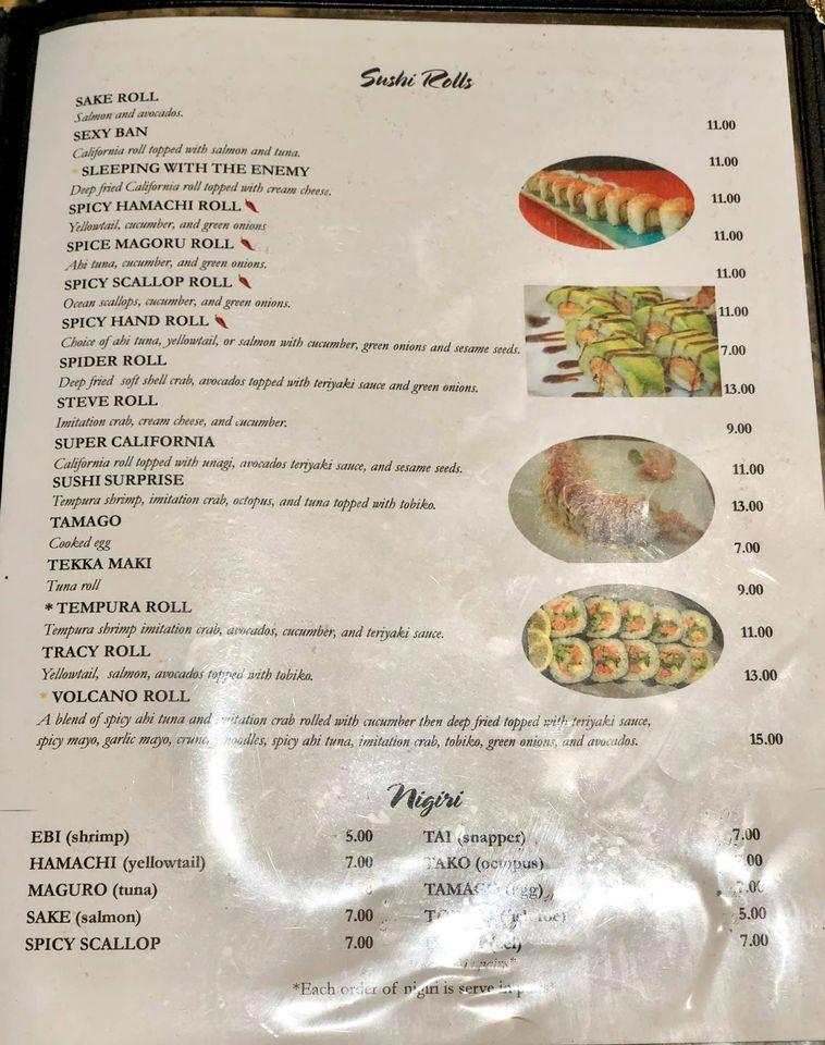 Menu at Musashi restaurant, Tracy