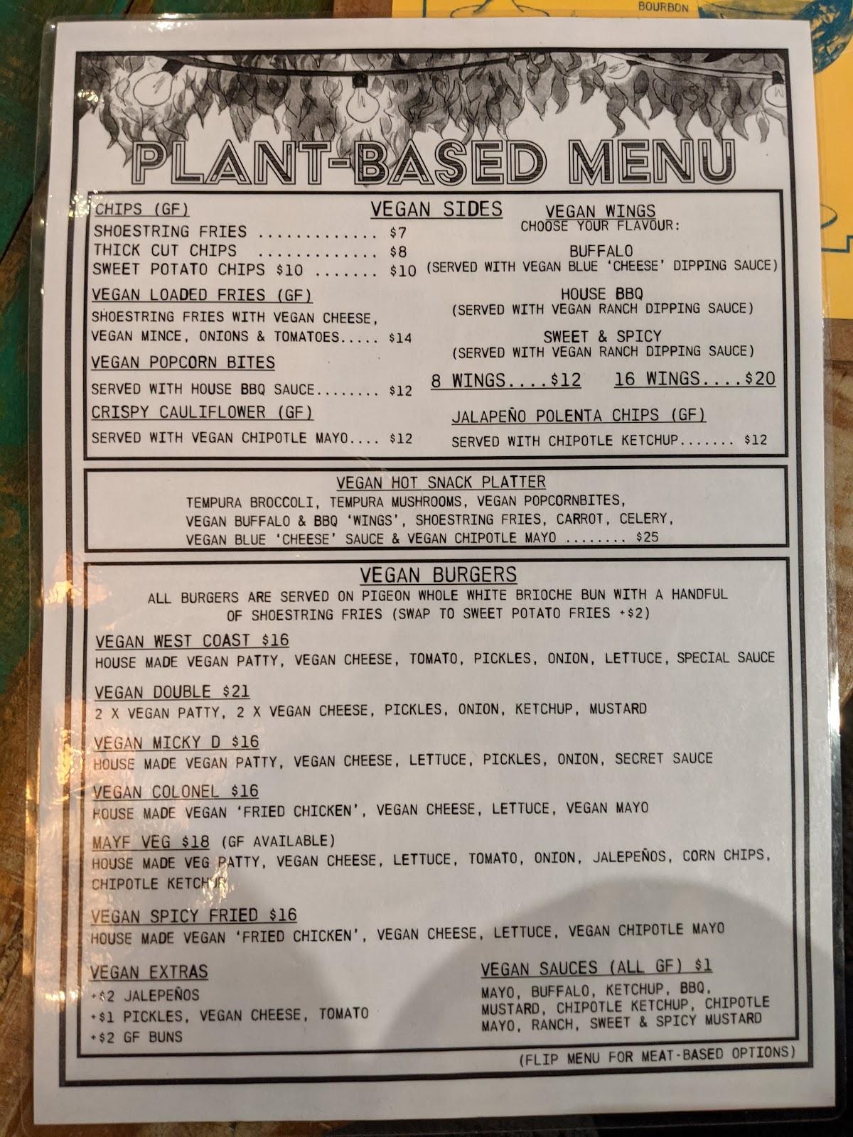 Menu at The Mayfair Bar, Sandy Bay