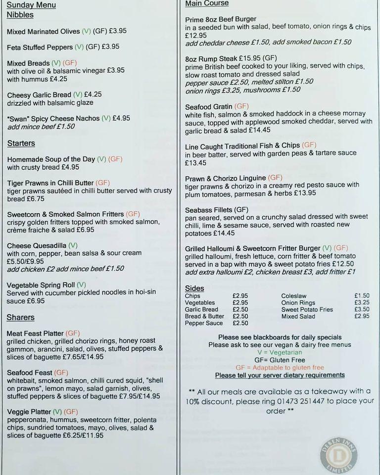 Menu at The Swan pub & bar, Ipswich, Westerfield Rd