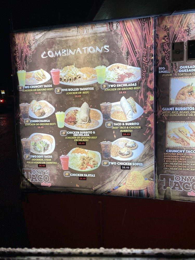 Menu at Tony's Taco Shop restaurant, Lebanon