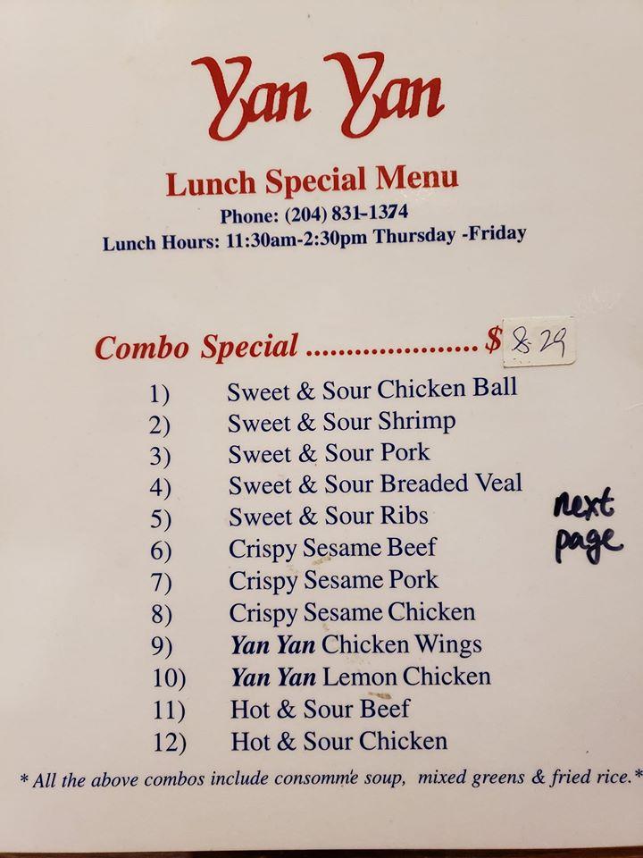 Menu at Yan Yan Chinese Food Restaurant, Winnipeg