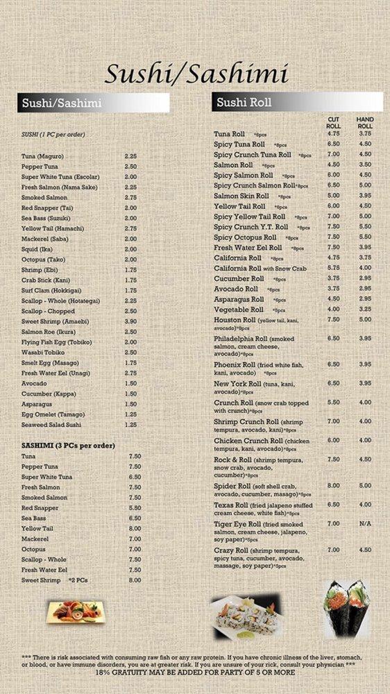 Menu at Atami restaurant, Houston