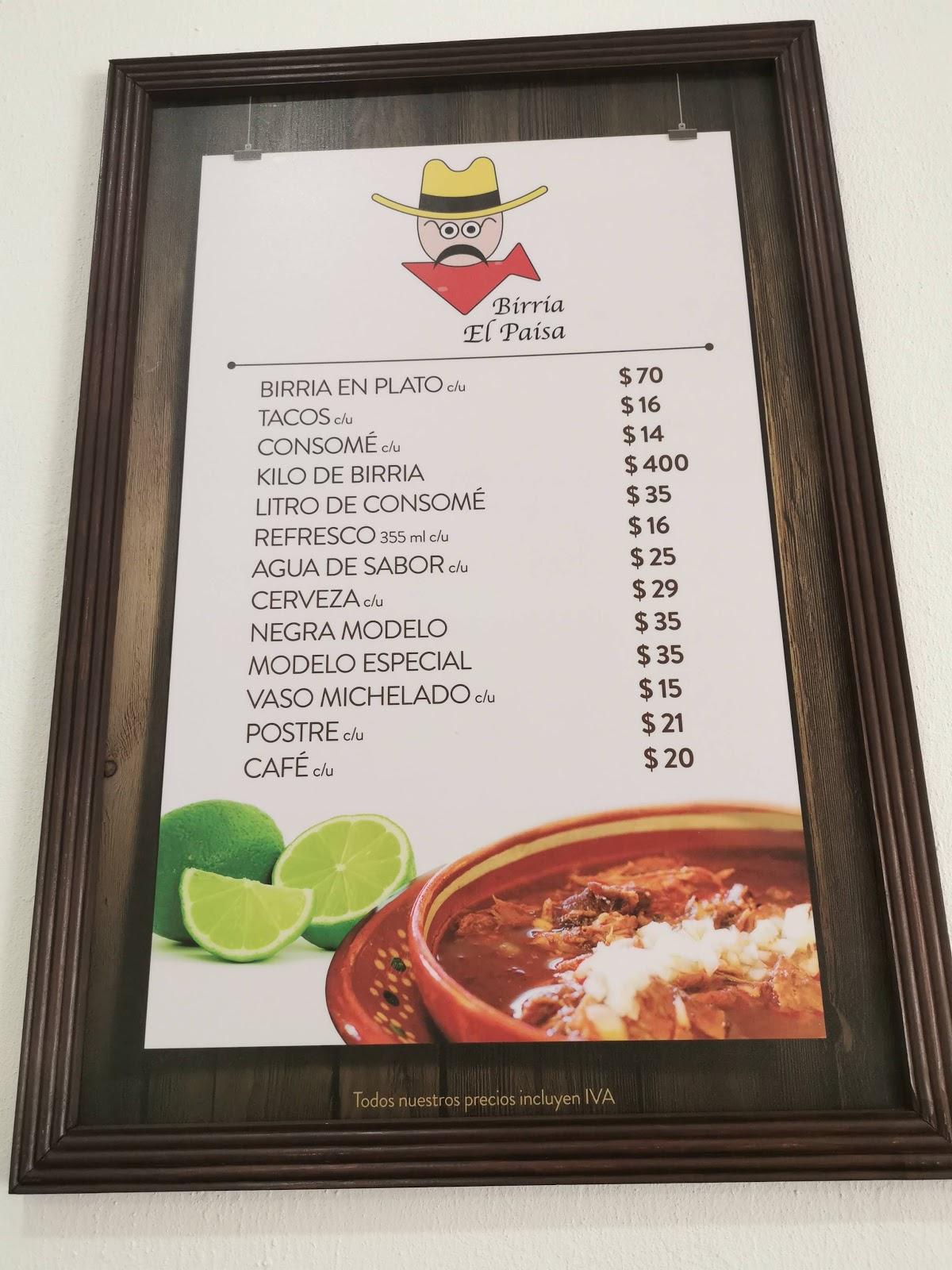 Menu at Birria El paisa Mixcoac restaurant, Mexico City