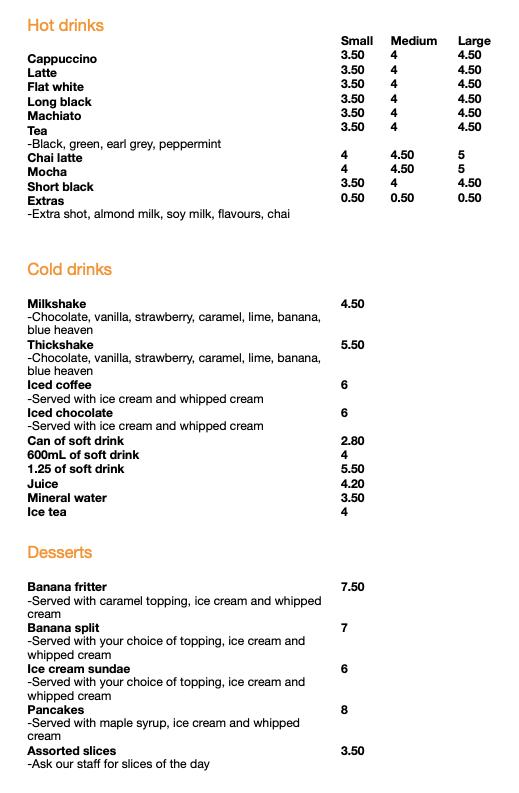 Menu at Cafizza restaurant, Geelong
