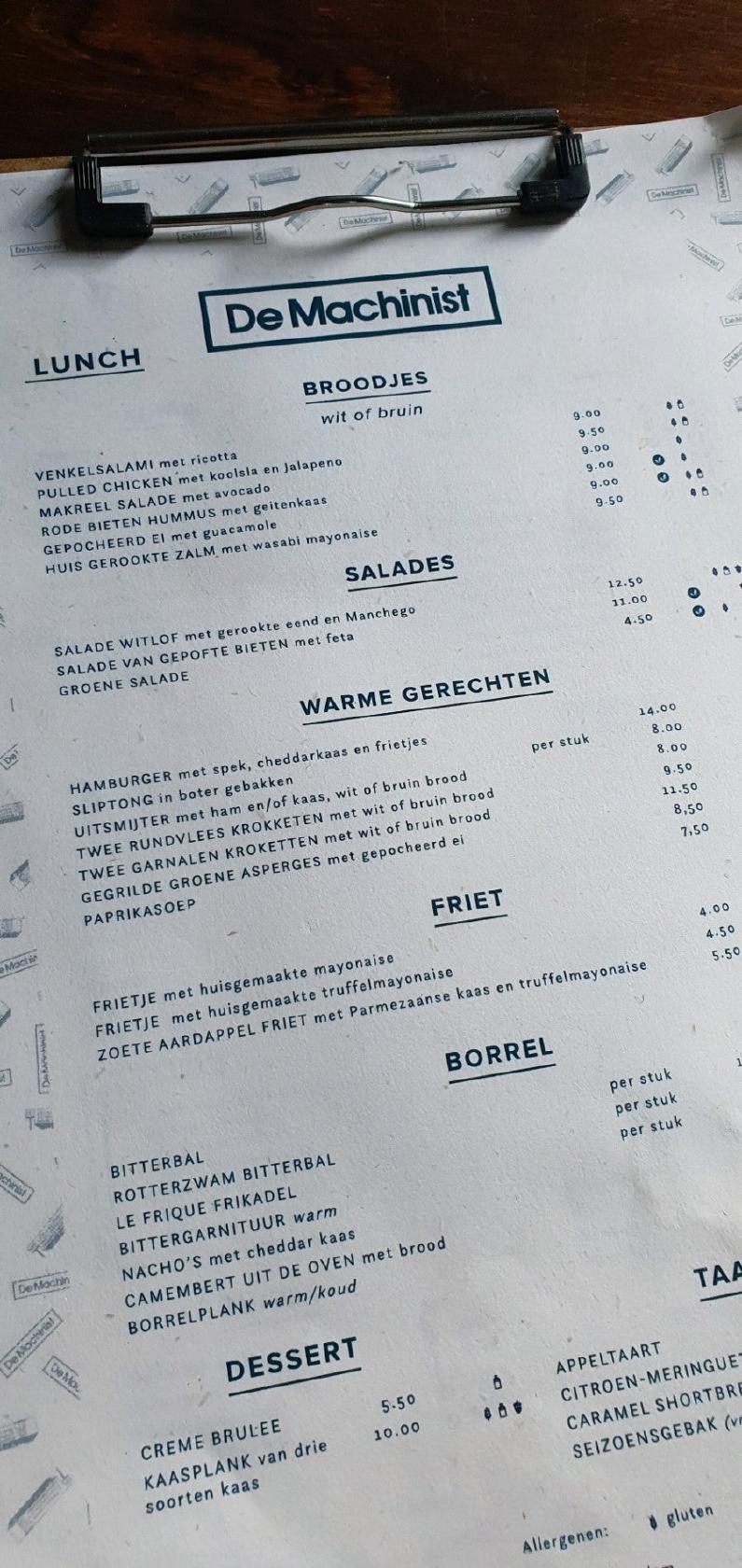 Menu at De Machinist, Rotterdam