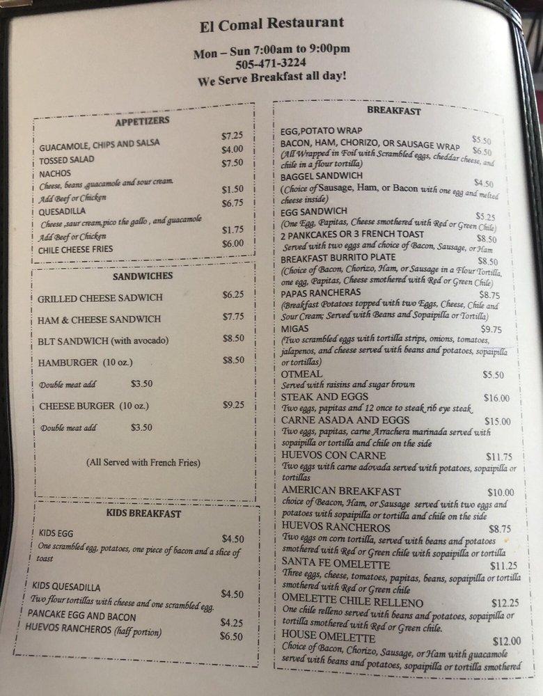 Menu at El Comal Restaurant, Santa Fe, Cerrillos Rd