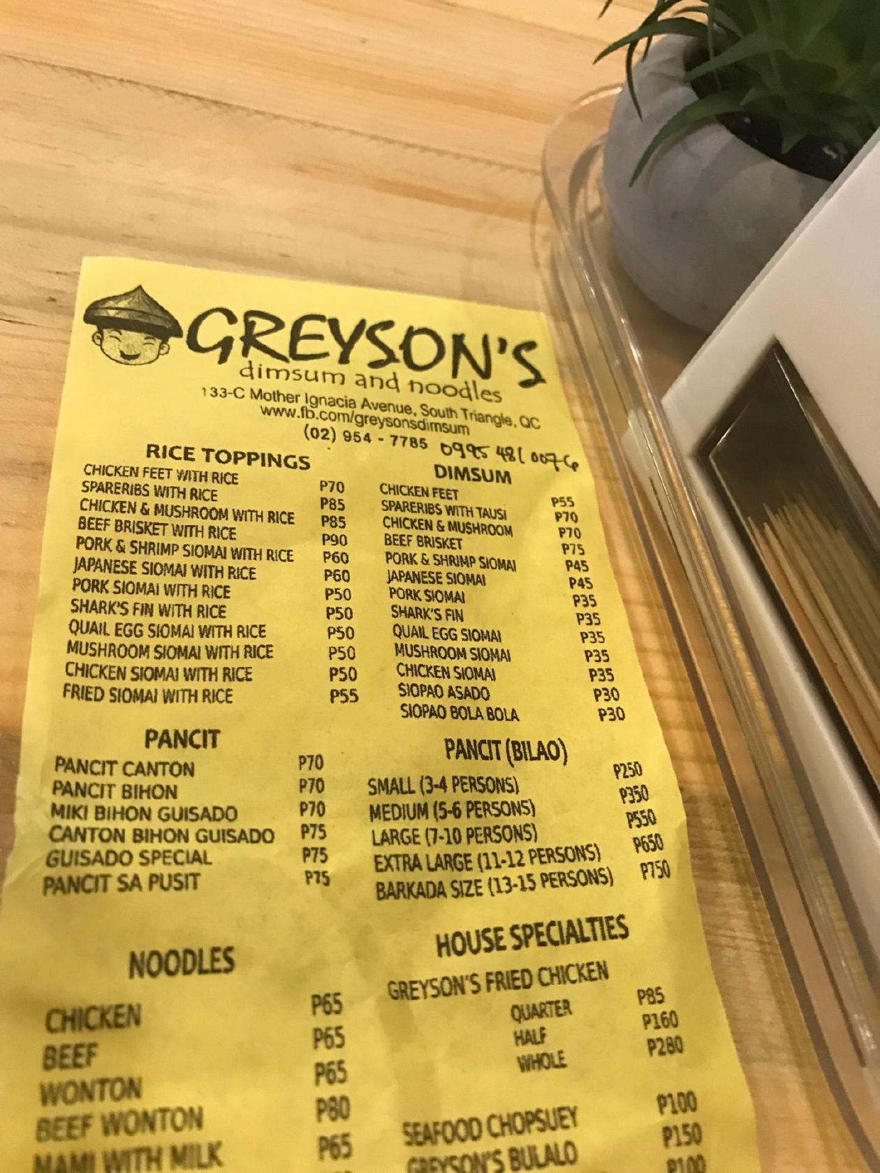 Menu at Greyson's Dimsum & Noodle House restaurant, Quezon City