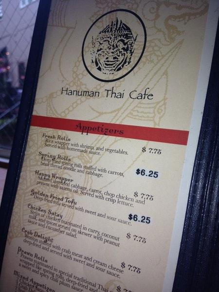 Menu at Hanuman Thai Cafe, Kirkland