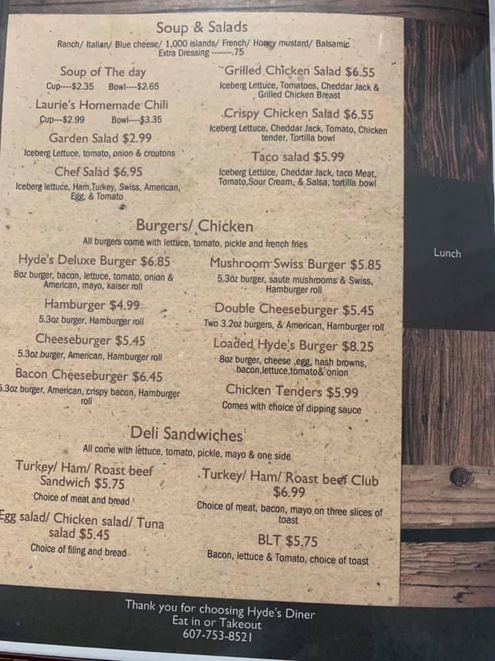 Menu at Hyde's Diner restaurant, Cortland
