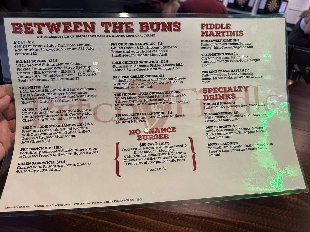 Menu at Pitch and Fiddle Fair Oaks pub & bar, Fair Oaks