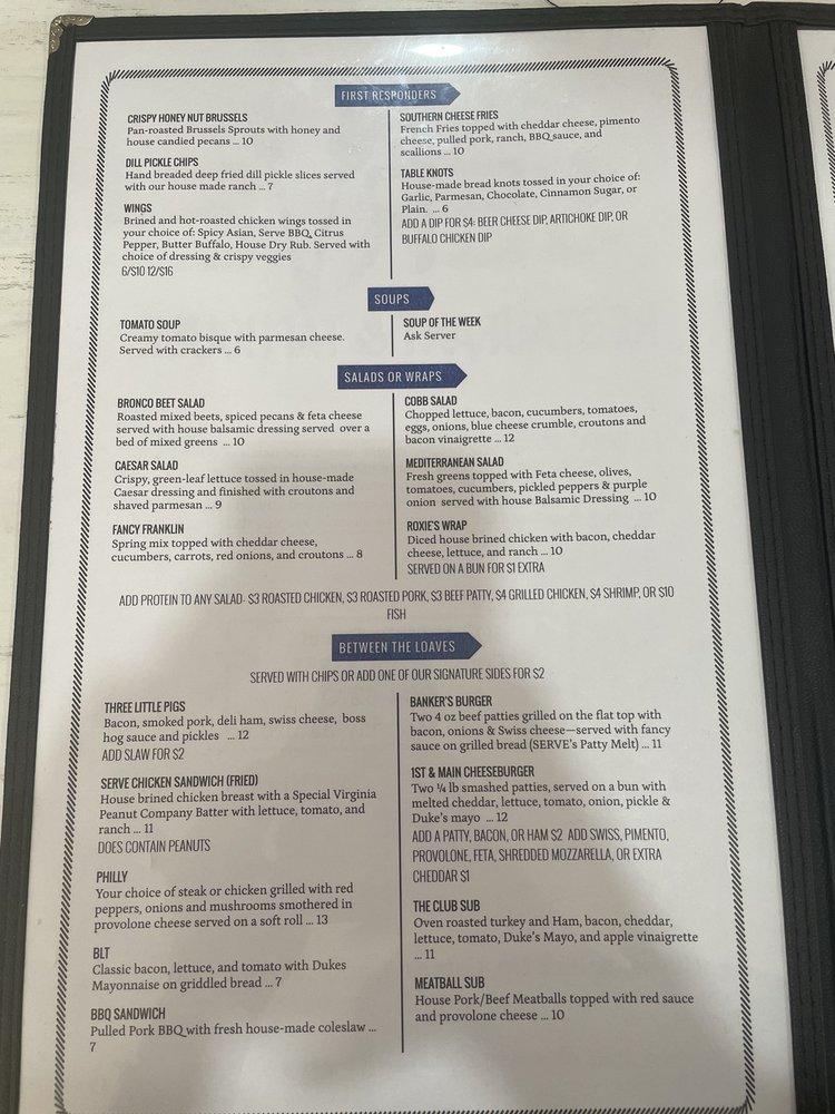 Menu at Serve pub & bar, Franklin