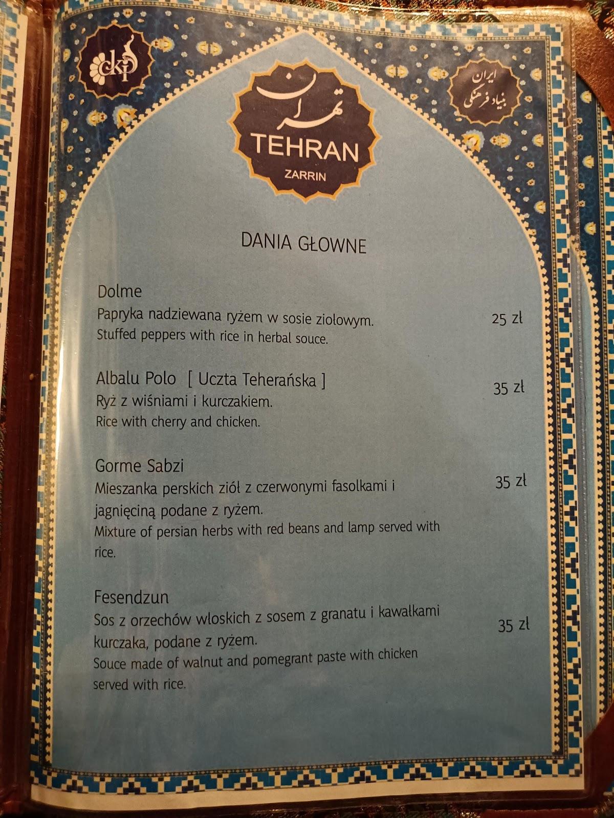Menu at Tehran Restauracja restaurant, Warsaw