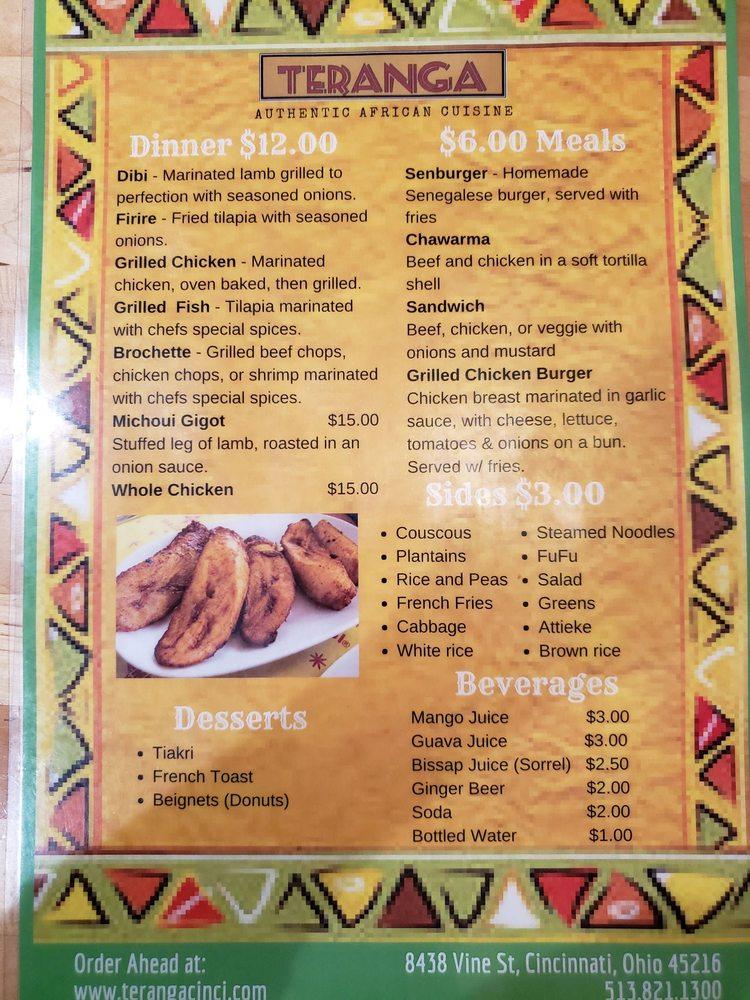 Menu at Teranga African Restaurant, Cincinnati
