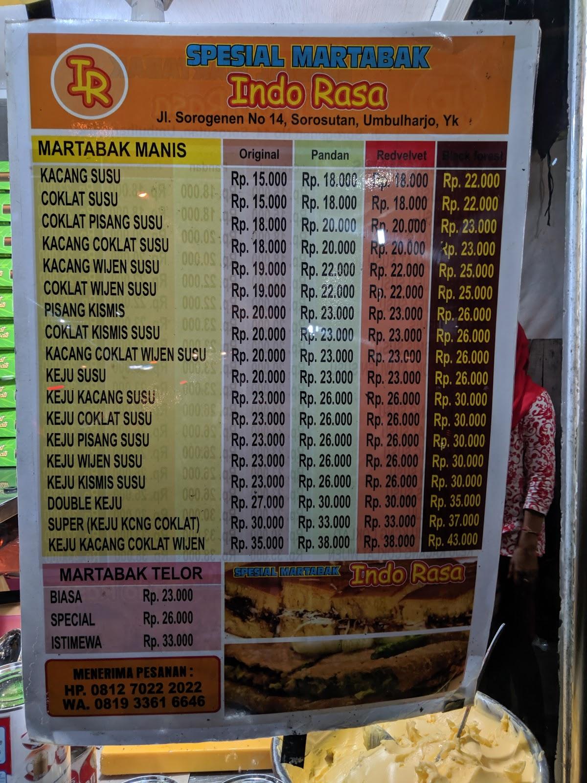 Menu at Martabak Indo Rasa Sorogenen restaurant, Yogyakarta