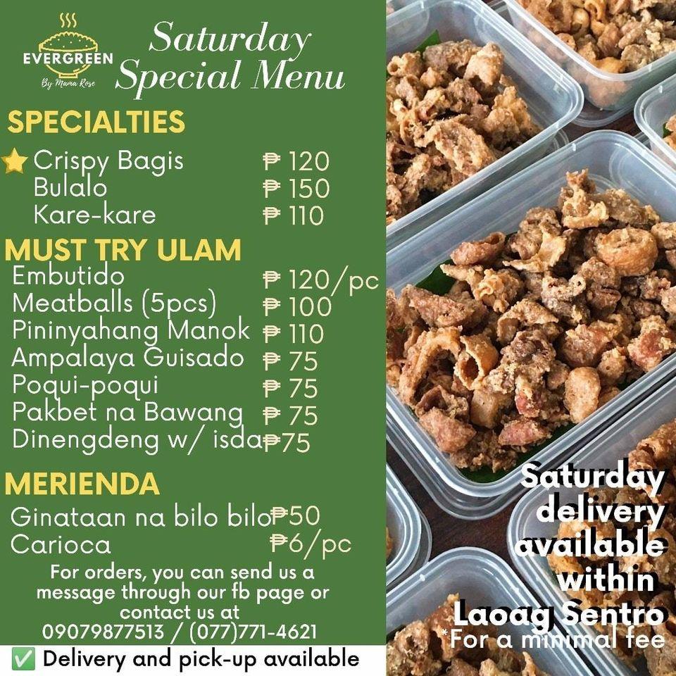 Menu at Evergreen eatery restaurant, Laoag City