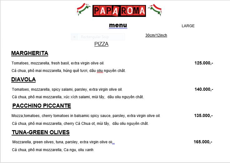 Menu at PapaRoma pizzeria, Vinh Yen