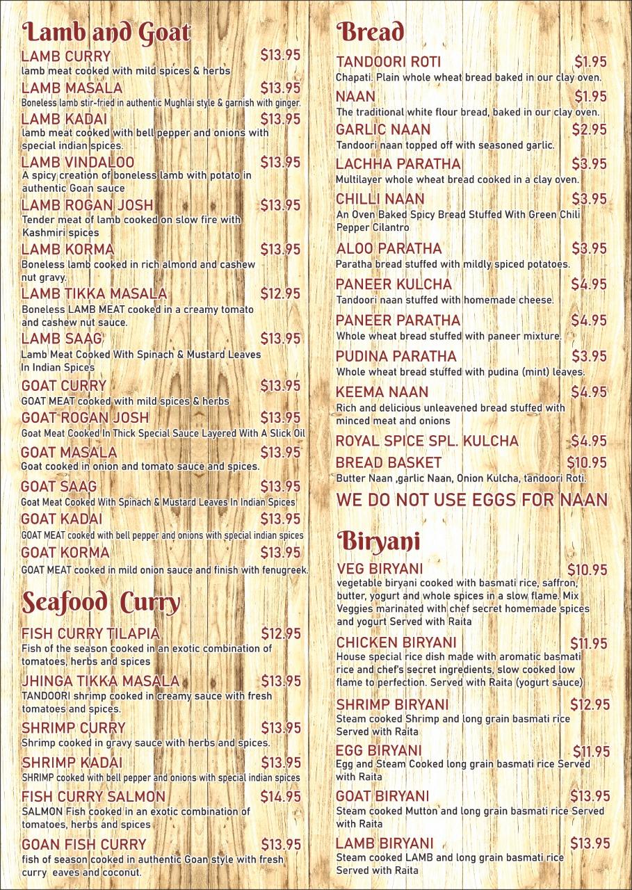 Menu at Royal Spice Indian Restaurant, Millville