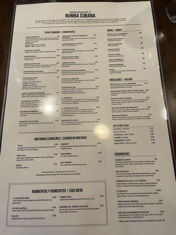 Menu at Rumba Cubana pub & bar, Rochelle Park