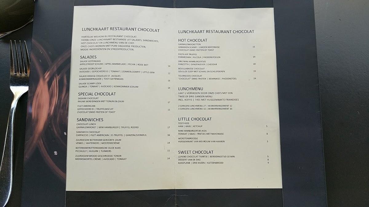 Menu at restaurant Chocolat, Breda