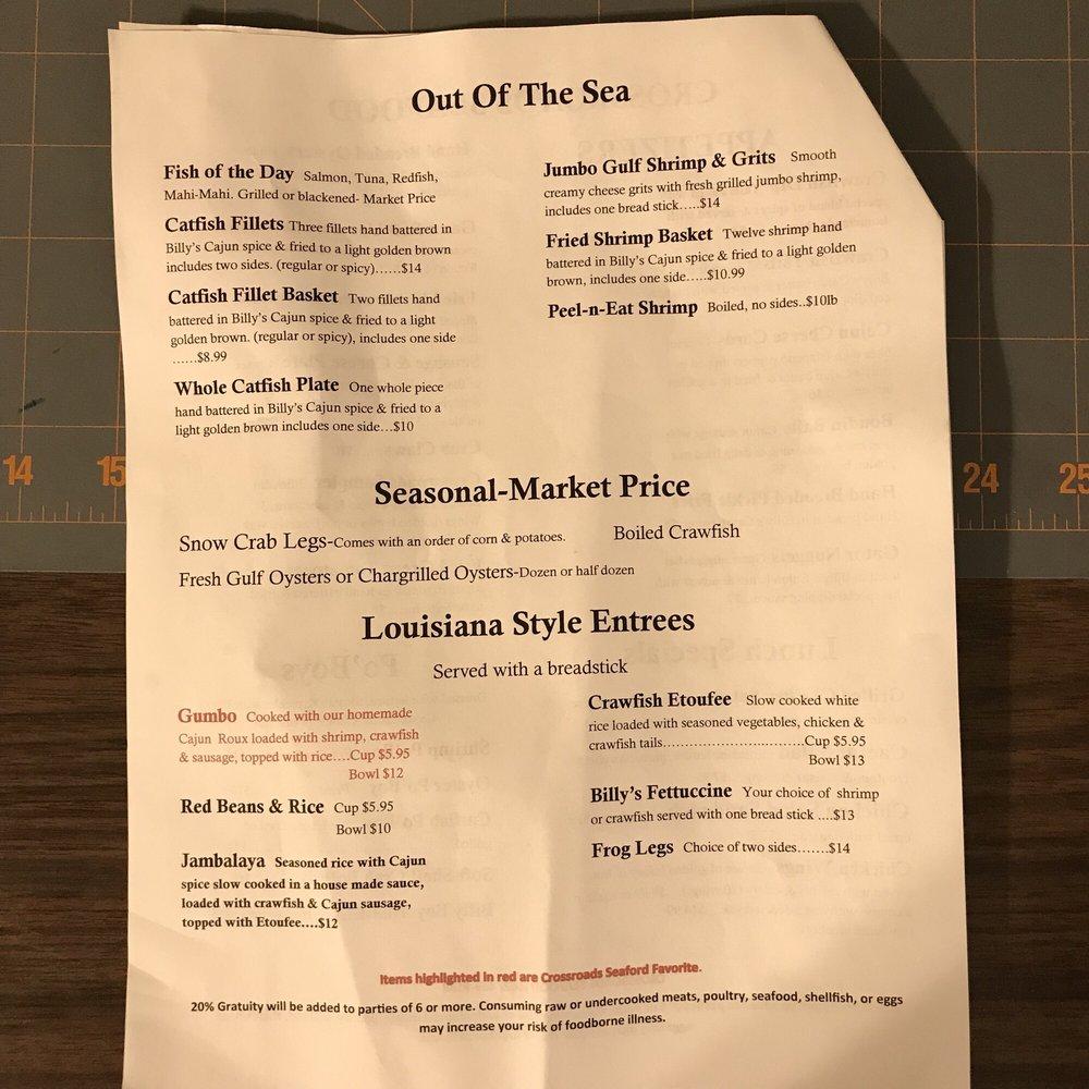 Menu at Crossroads Seafood restaurant, Hernando