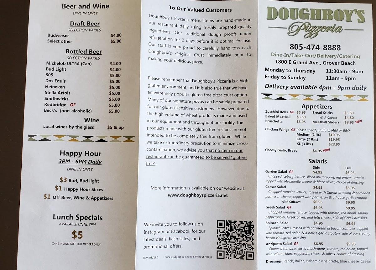 Carta de Doughboys Pizzeria and Gluten Free, Grover Beach