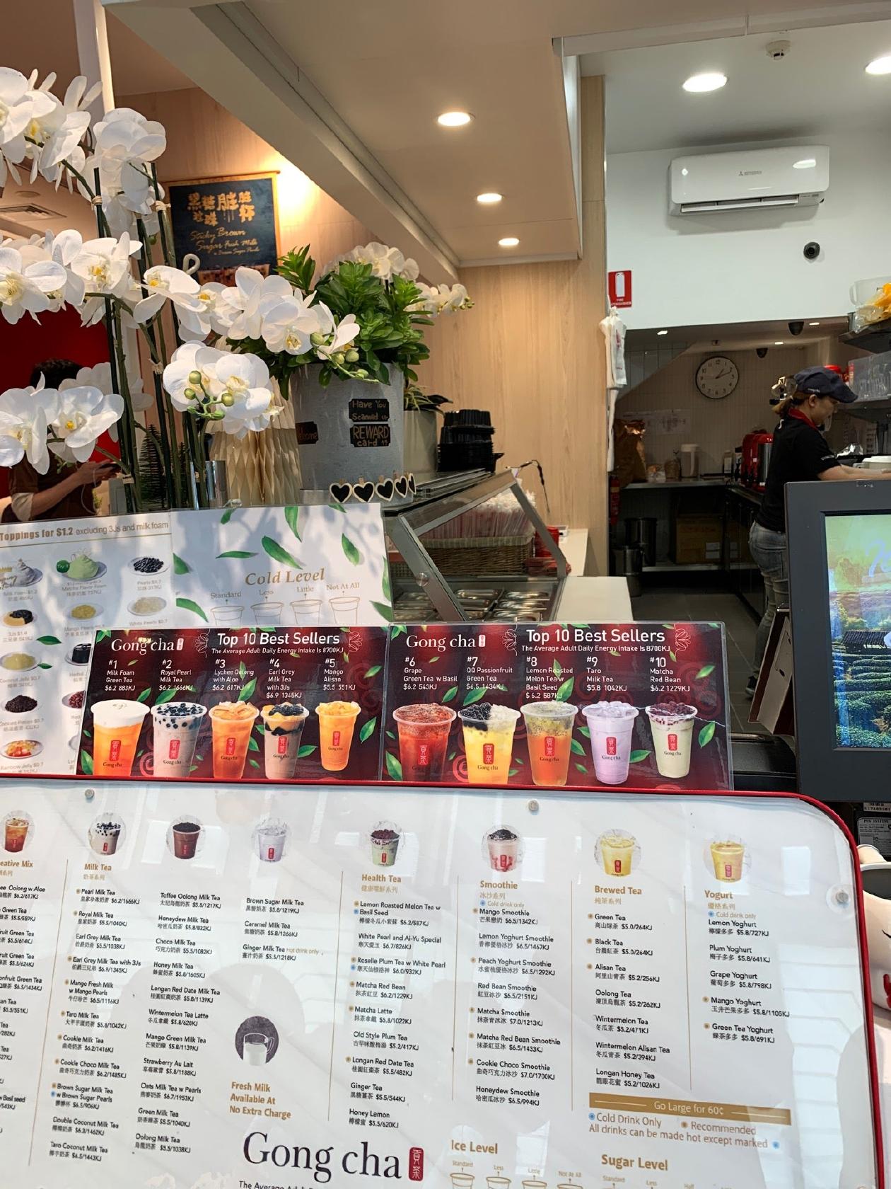 Menu at Gong Cha cafe, Brisbane City, 99 Elizabeth St