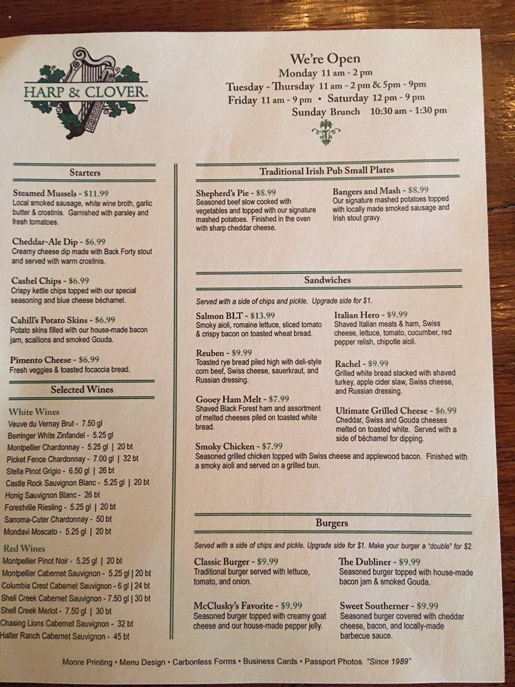 Menu at Harp & Clover, "The Clover" pub & bar, Gadsden