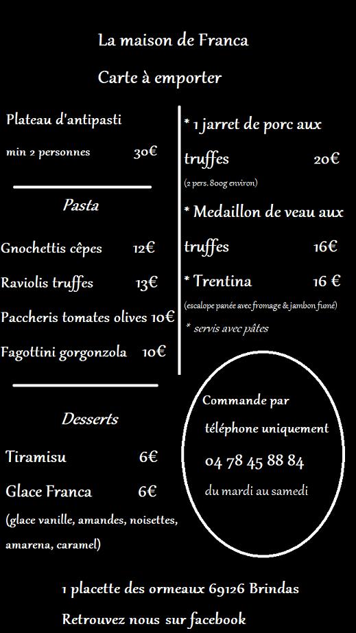 Menu au La Maison de Franca Maurizio restaurant, Brindas