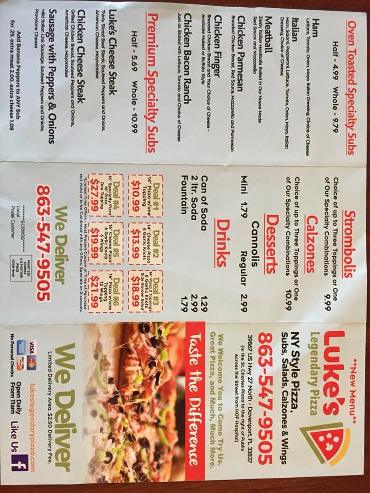 Menu at Luke's Legendary Pizza pizzeria, Davenport