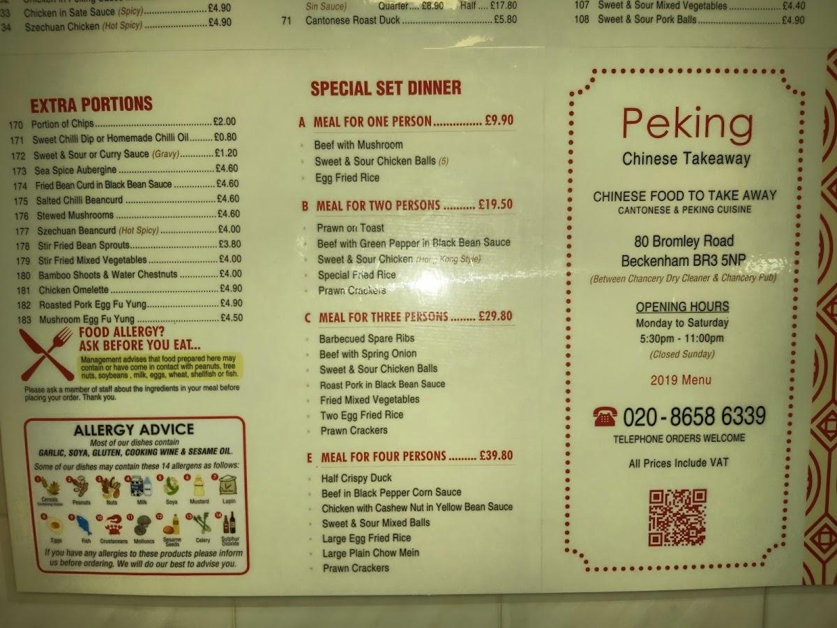 Menu at Peking Chinese Takeaway fast food, Beckenham