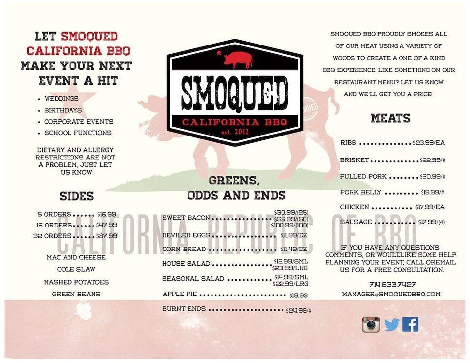 Menu at Smoqued California BBQ, Orange