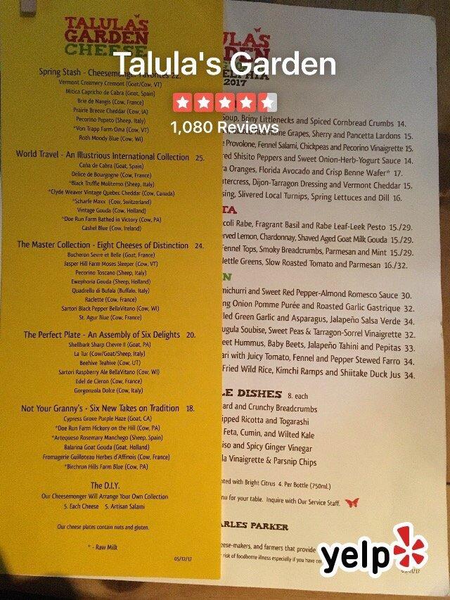 Menu at Talula's Garden restaurant, Philadelphia